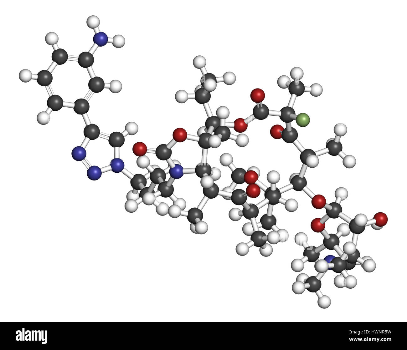 Solithromycin antibiotic drug molecule. 3D rendering. Atoms are ...