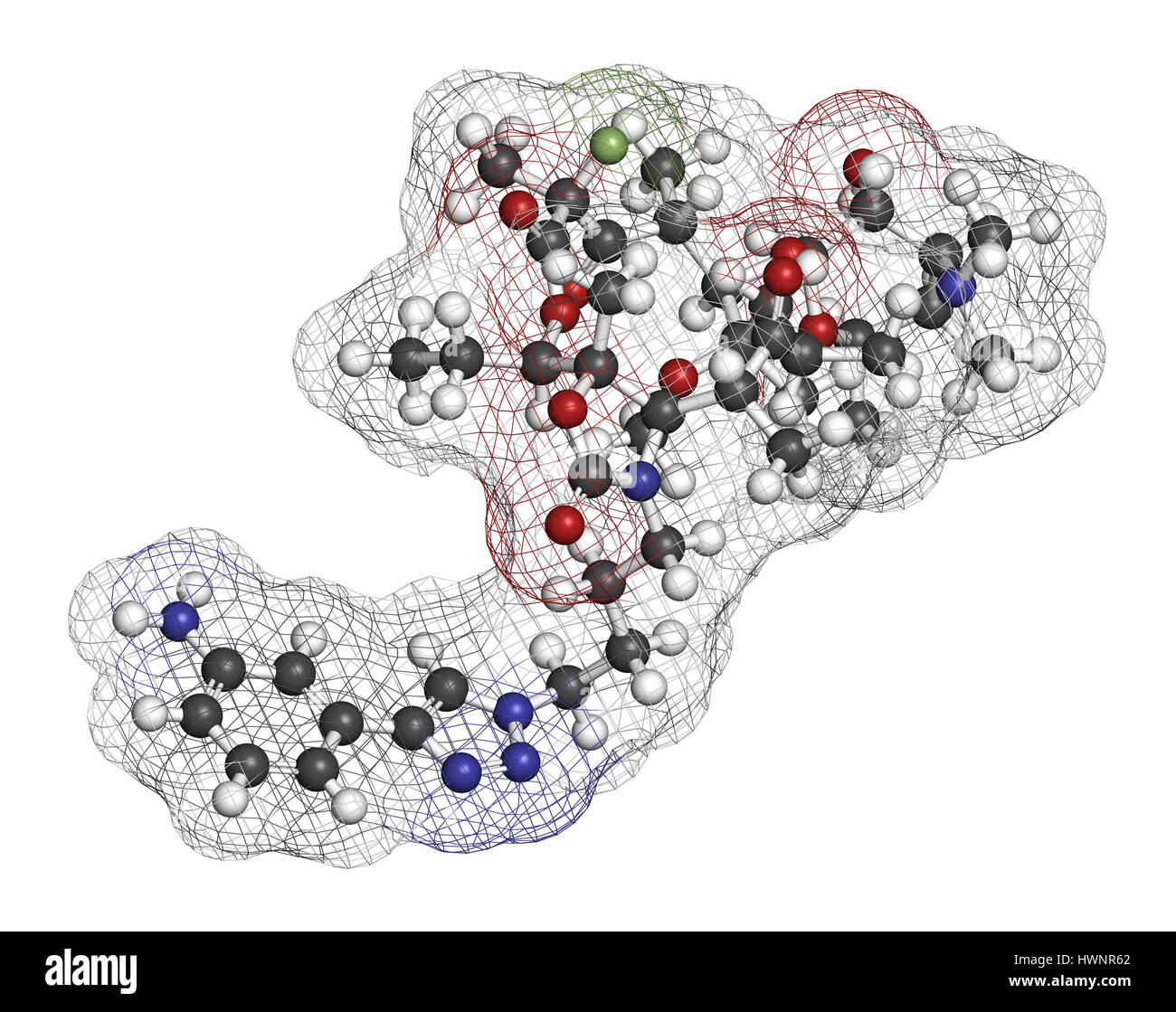 Solithromycin antibiotic drug molecule. 3D rendering. Atoms are ...