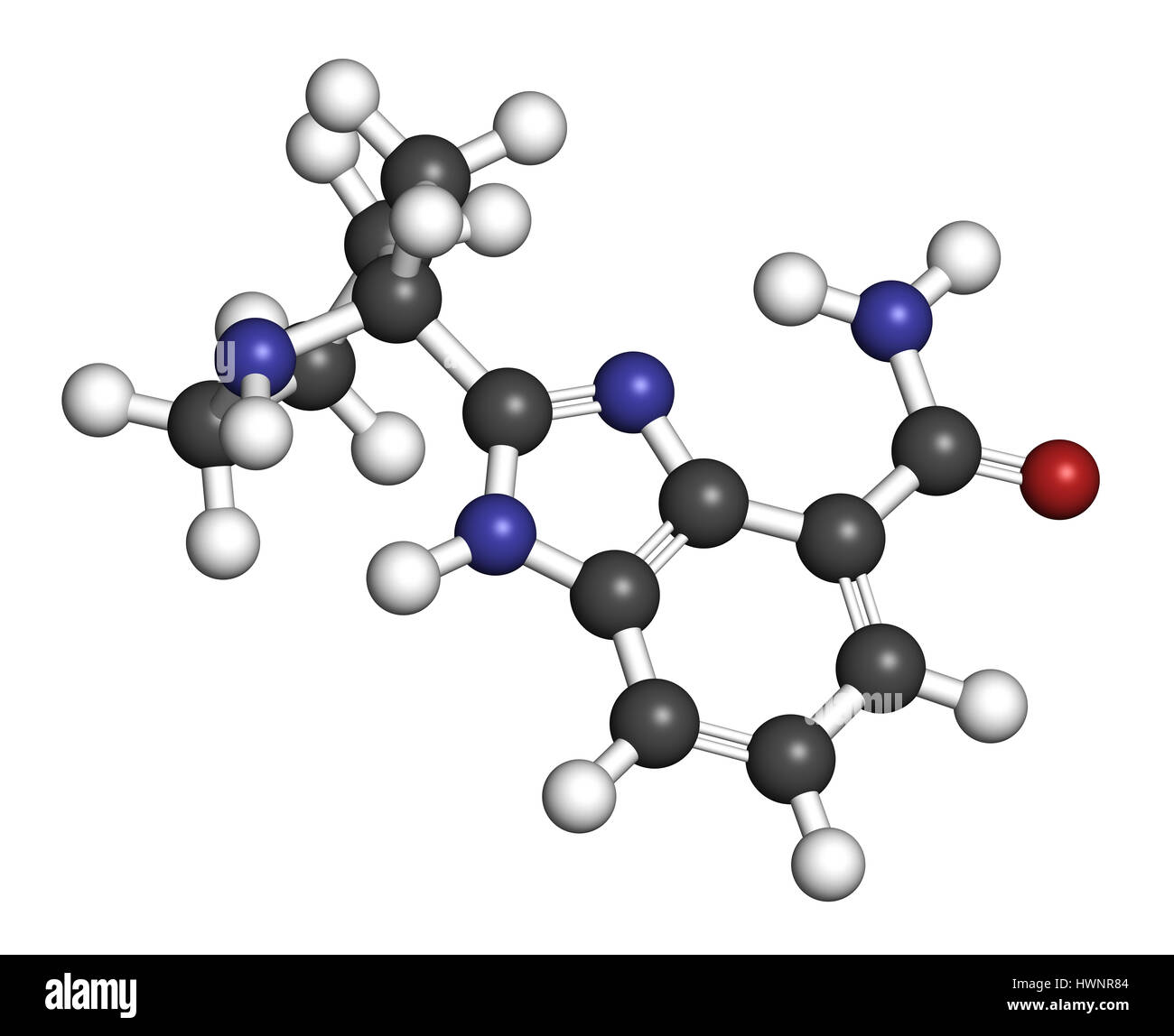 Veliparib cancer drug molecule (PARP inhibitor). 3D rendering. Atoms ...