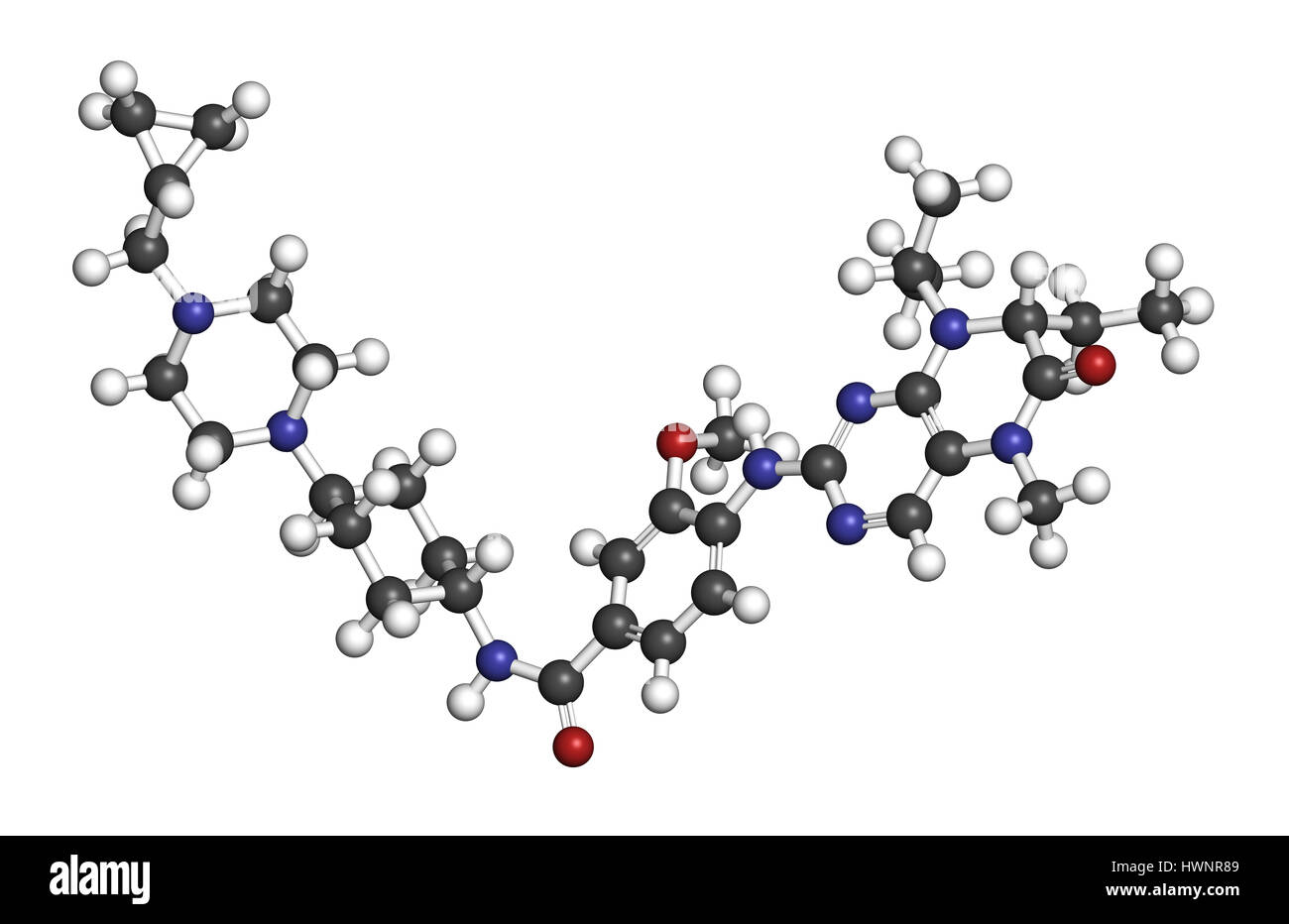 Volasertib cancer drug molecule (PLK1 inhibitor). 3D rendering. Atoms ...