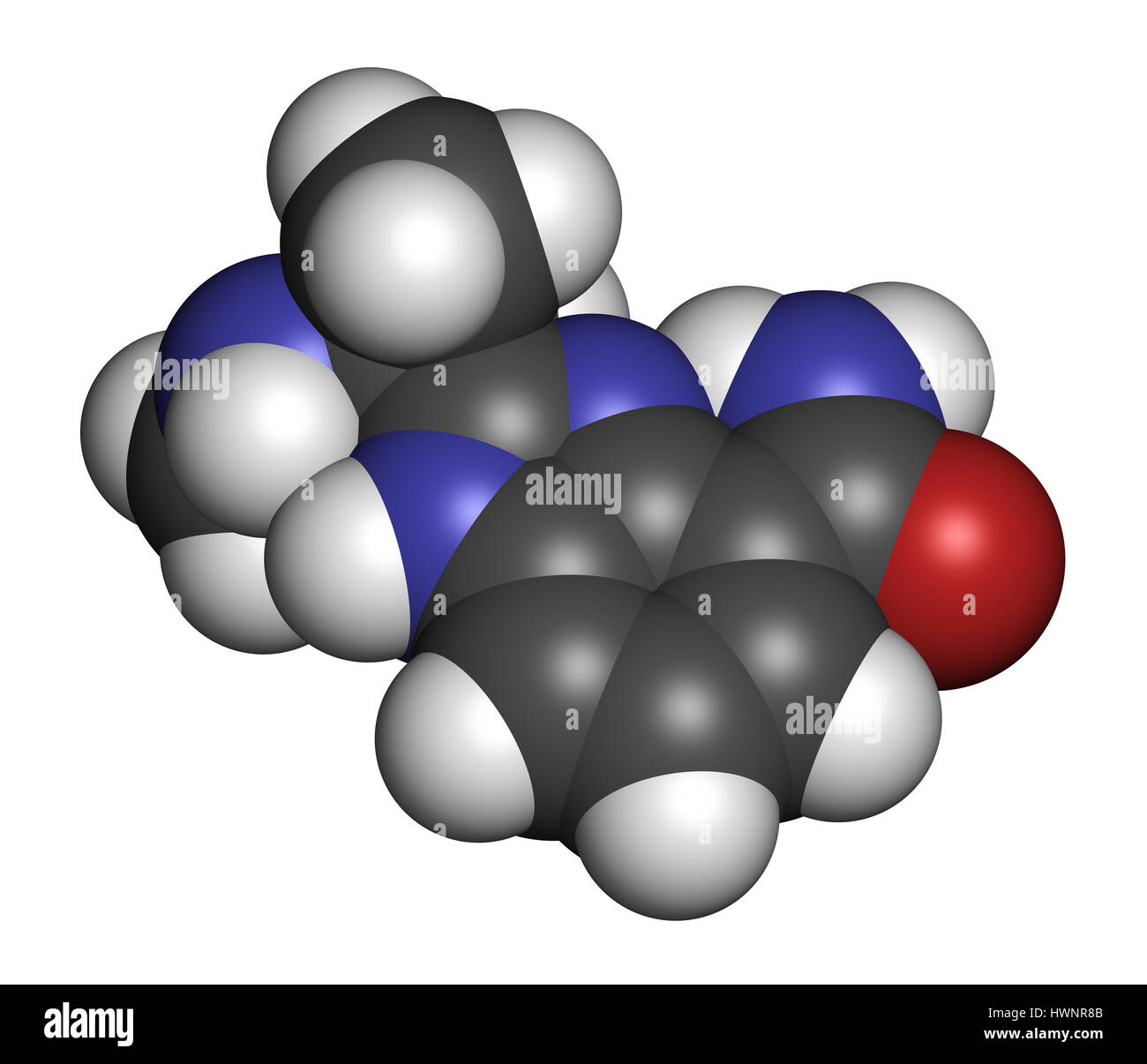 Veliparib cancer drug molecule (PARP inhibitor). 3D rendering. Atoms ...