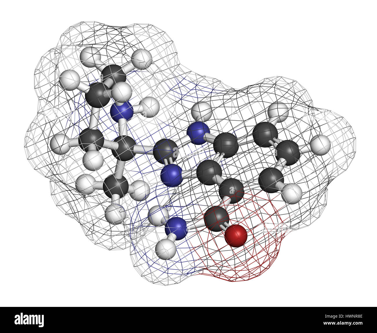 Veliparib cancer drug molecule (PARP inhibitor). 3D rendering. Atoms ...