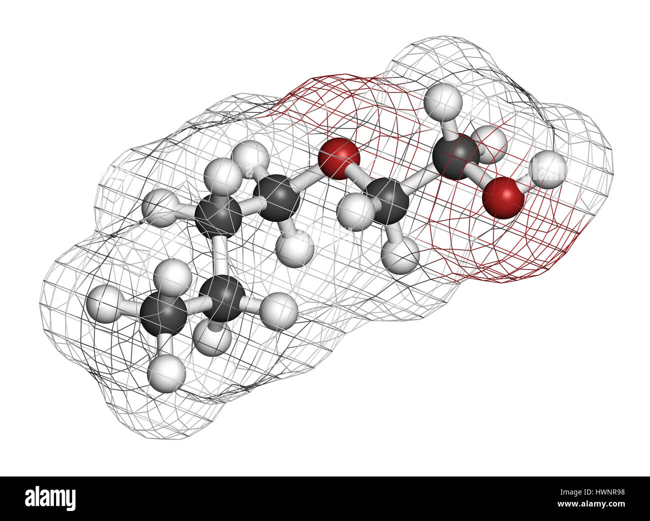 2-butoxyethanol molecule. Used as solvent and surfactant. 3D rendering ...