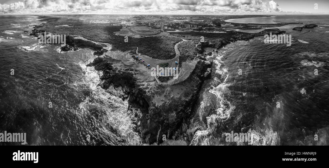 Black and white aerial panorama of Thunder Point lookout and ...