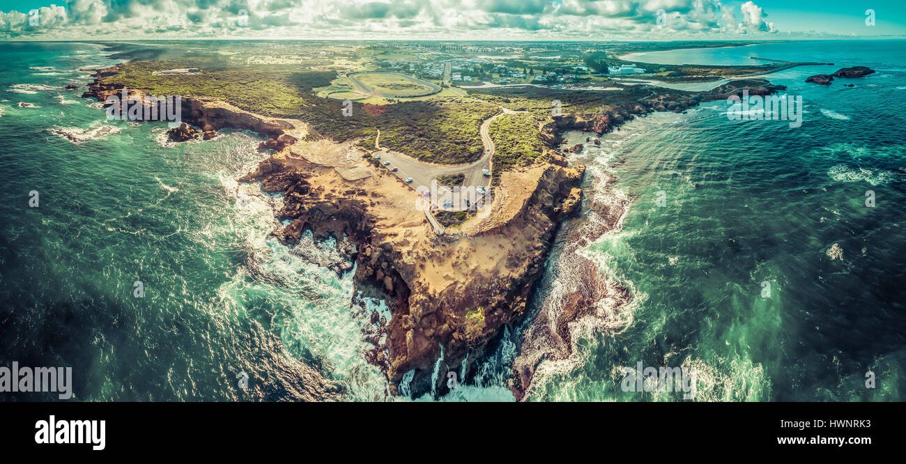 Aerial panorama of Thunder Point lookout and Warrnambool, Victoria ...