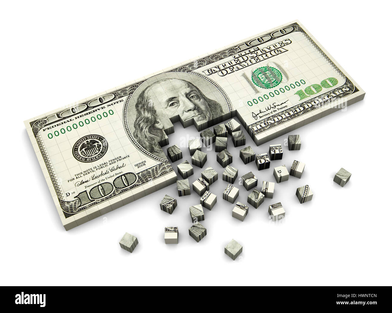 abstract 3d illustration of dollar banknote assembling from blocks ...