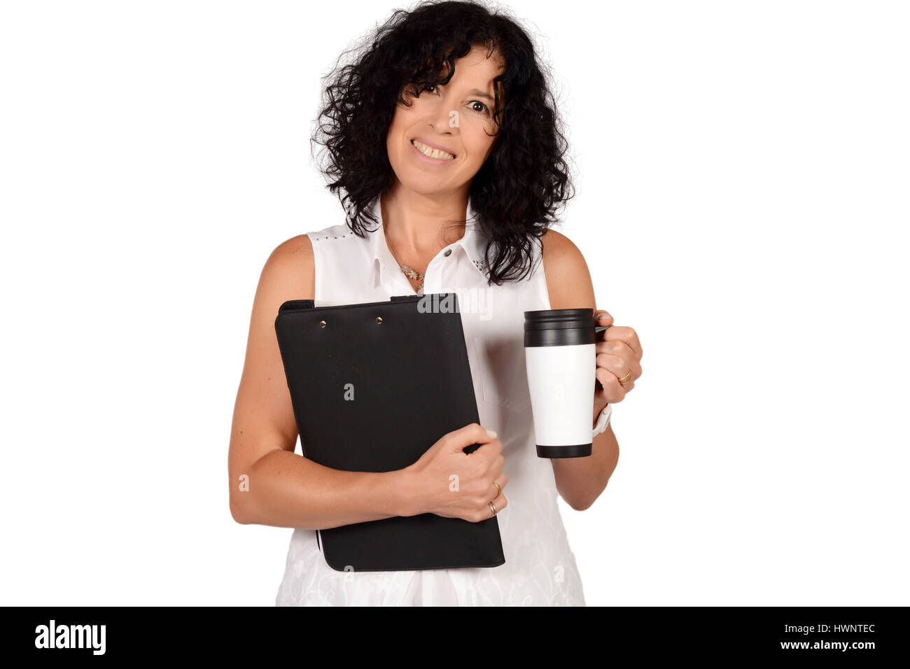 Portrait of beautiful school teacher with cup of coffee. Education ...