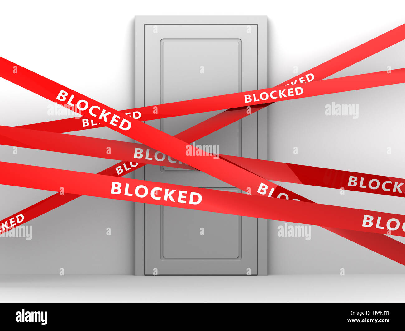 3d illustration of room door and 'blocked' tape Stock Photo - Alamy