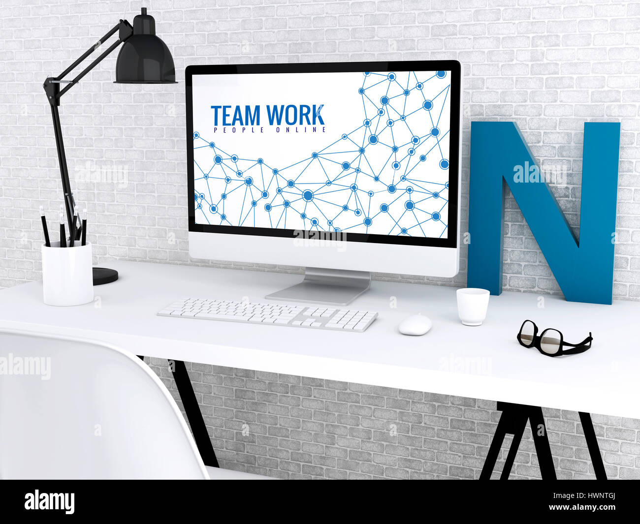 3D illustration. Modern workspace and computer with words TEAM WORK ...