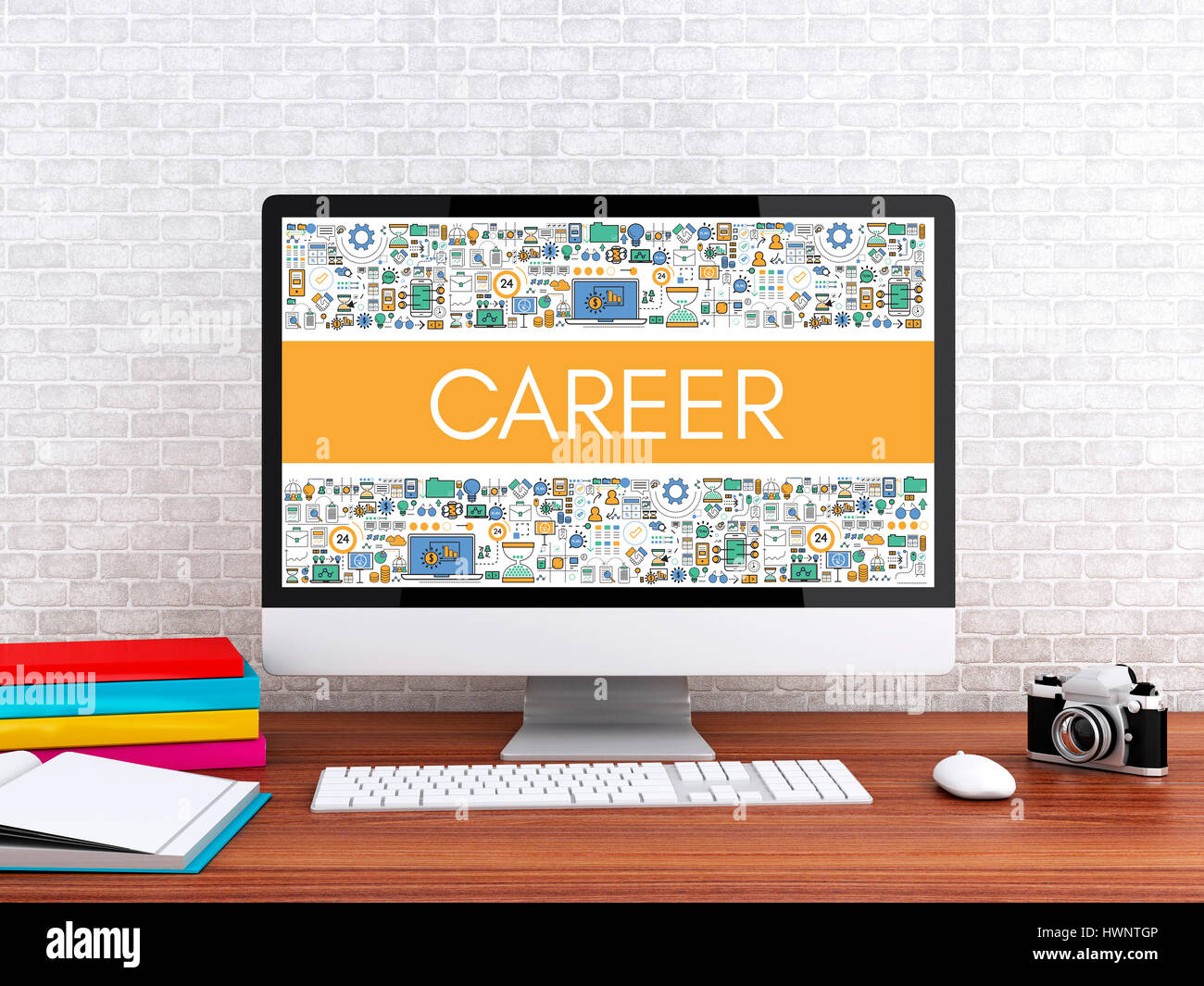 3D illustration. Modern workspace and computer with word CAREER ...