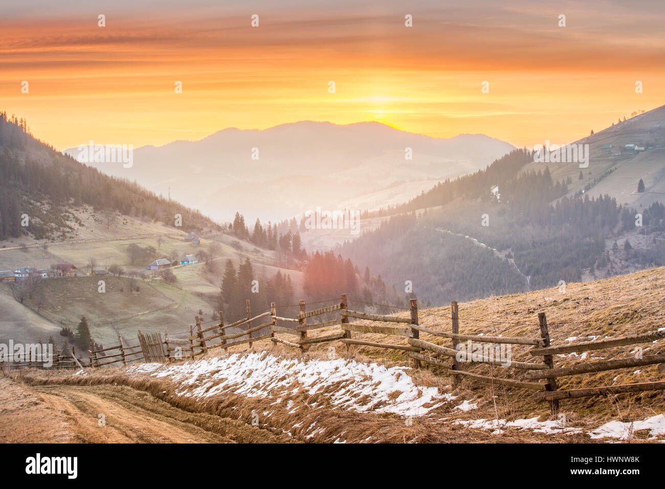 sunrise in a mountain village landscape Stock Photo - Alamy