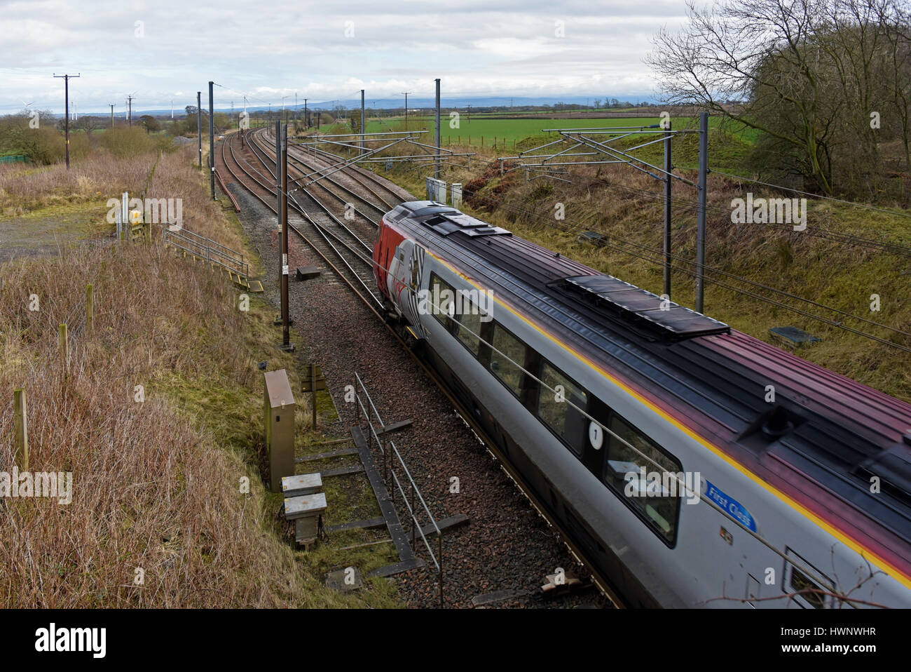 Virgin passenger train passing the site of the Quintinshill rail ...