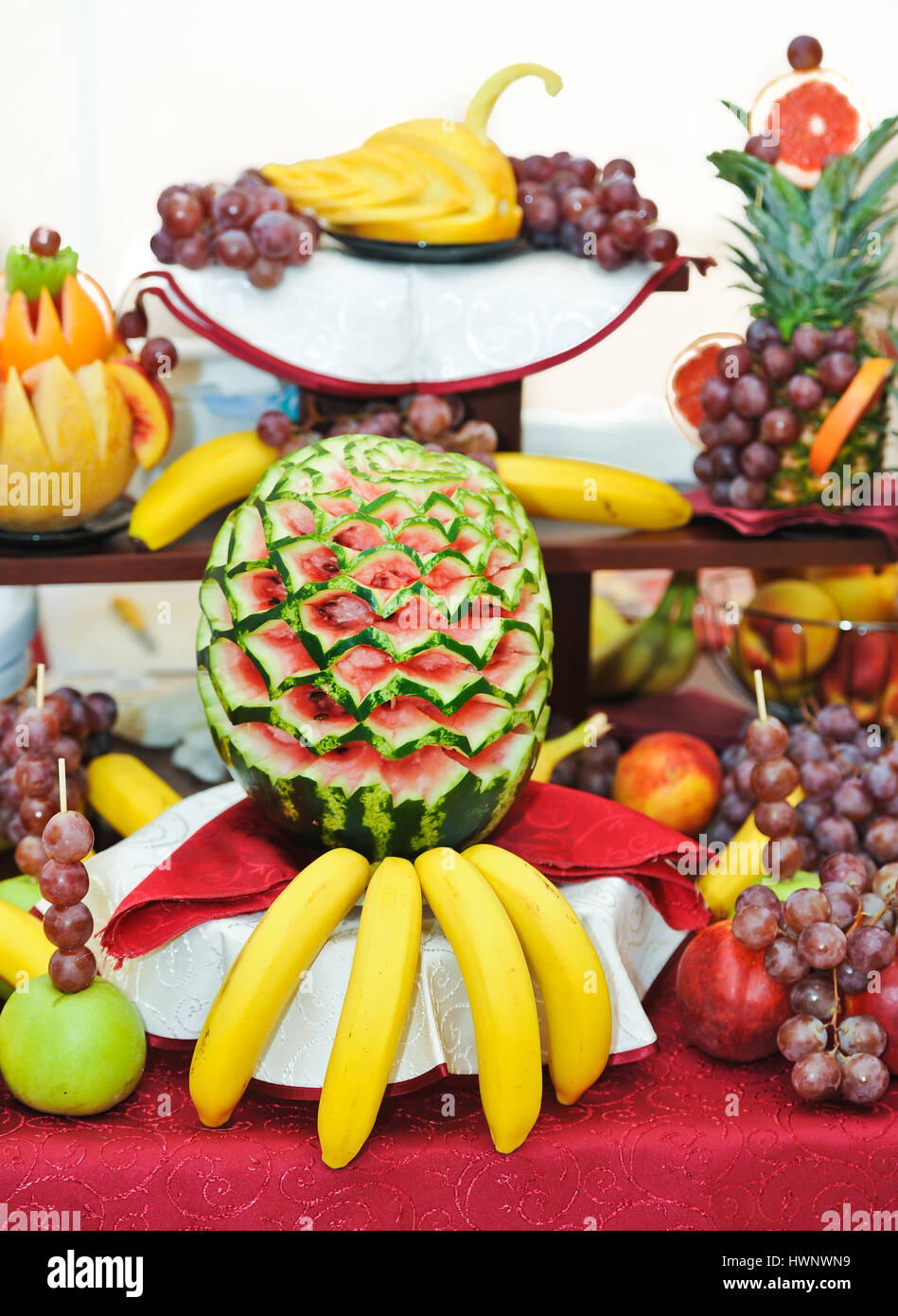 Carved Fruit Arrangement .fresh various fruits Stock Photo - Alamy