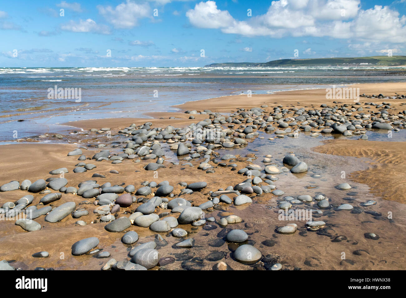 Pebbles, Low Tide and Atlantic Waves - Northam Beach with View Towards ...