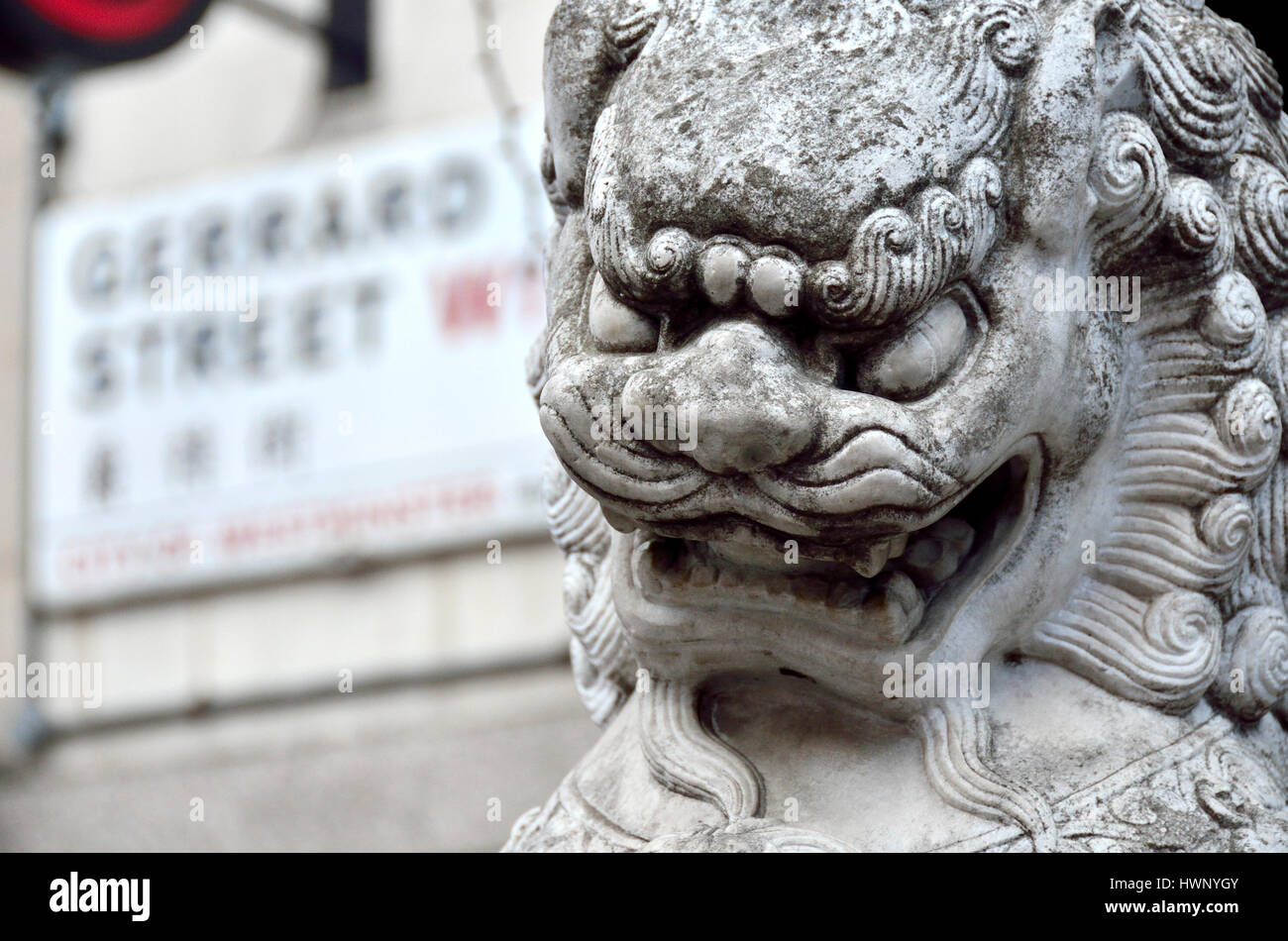 London, England, UK. Stone lion's head in Gerrard Street, Chinatown ...