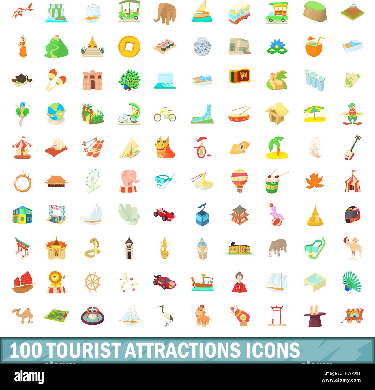 100 tourist attraction icons set, cartoon style Stock Vector Image ...