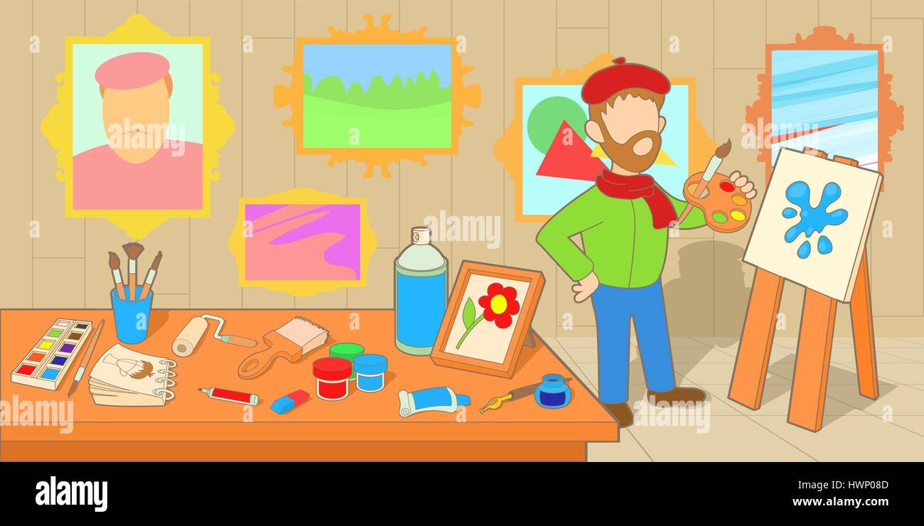 Artist horizontal banner workshop, cartoon style Stock Vector Image ...