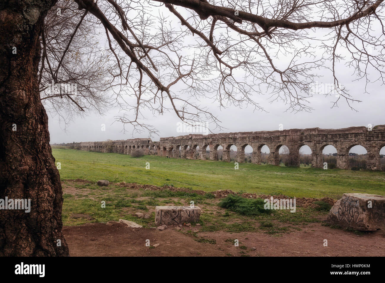 Ruins of an ancient Roman aqueduct, made of tuff blocks. Photographed ...