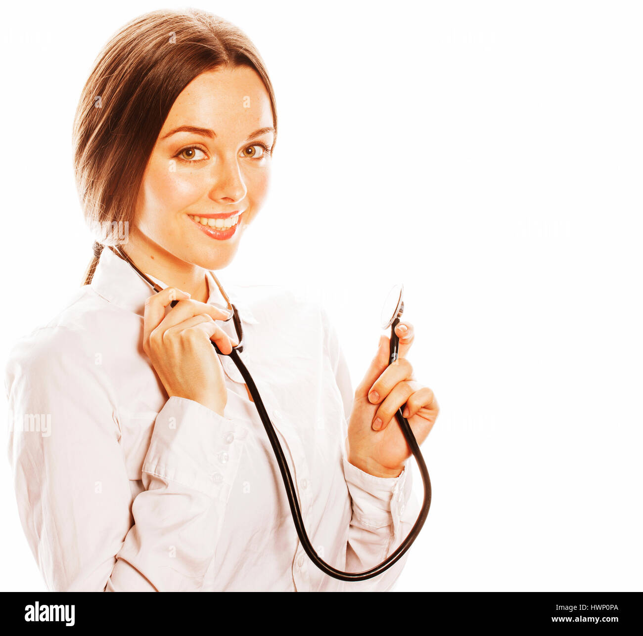 young pretty woman doctor with stethoscope on white background Stock ...