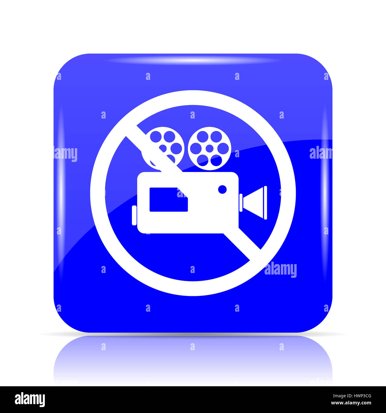 Forbidden video camera icon, blue website button on white background ...