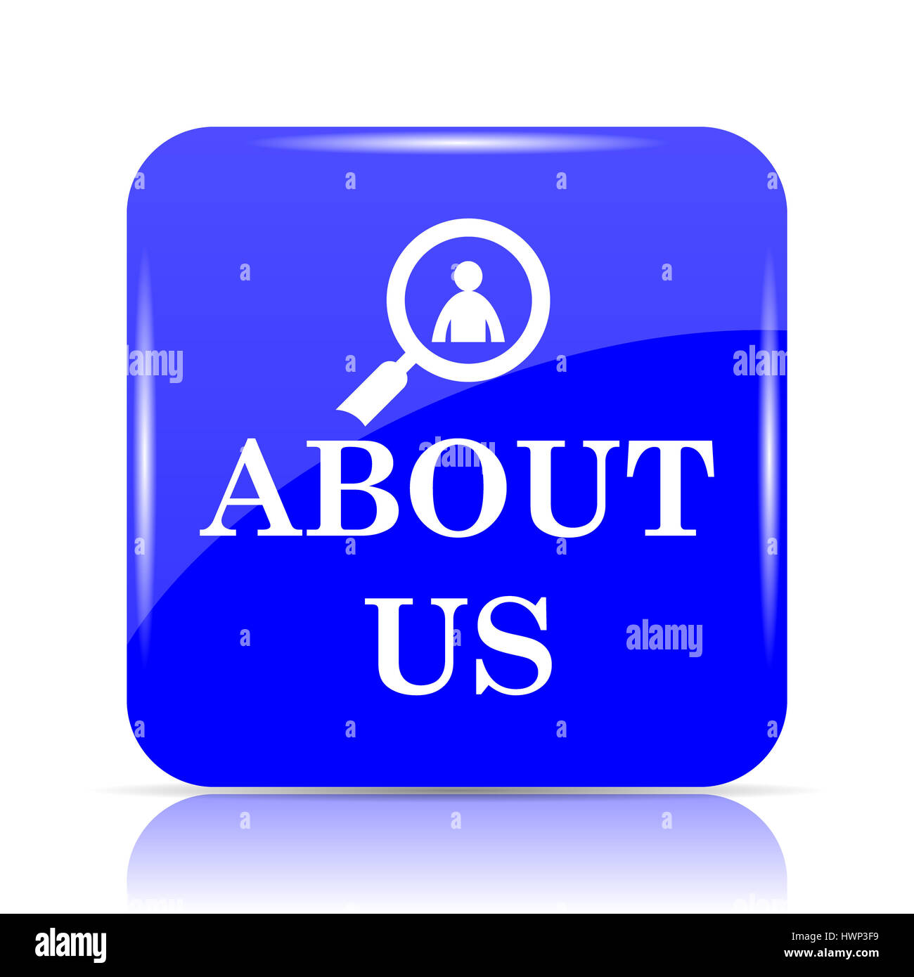 About us icon, blue website button on white background Stock Photo - Alamy