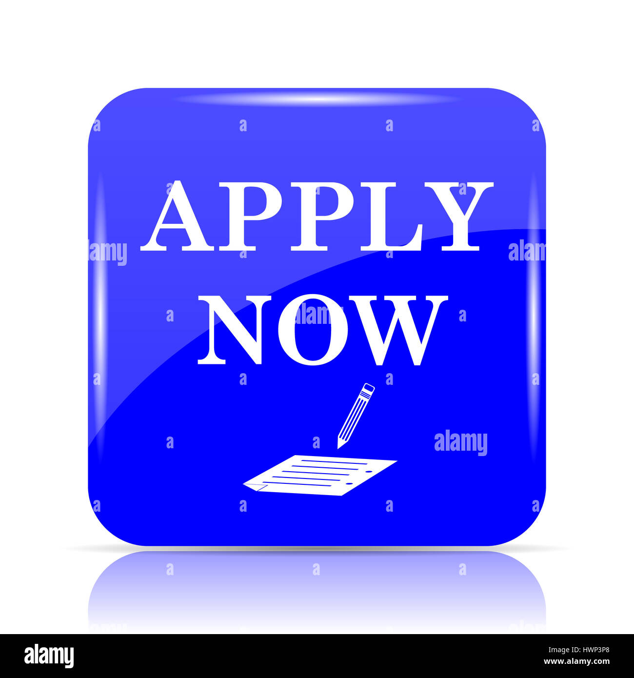 Apply now icon, blue website button on white background Stock Photo - Alamy