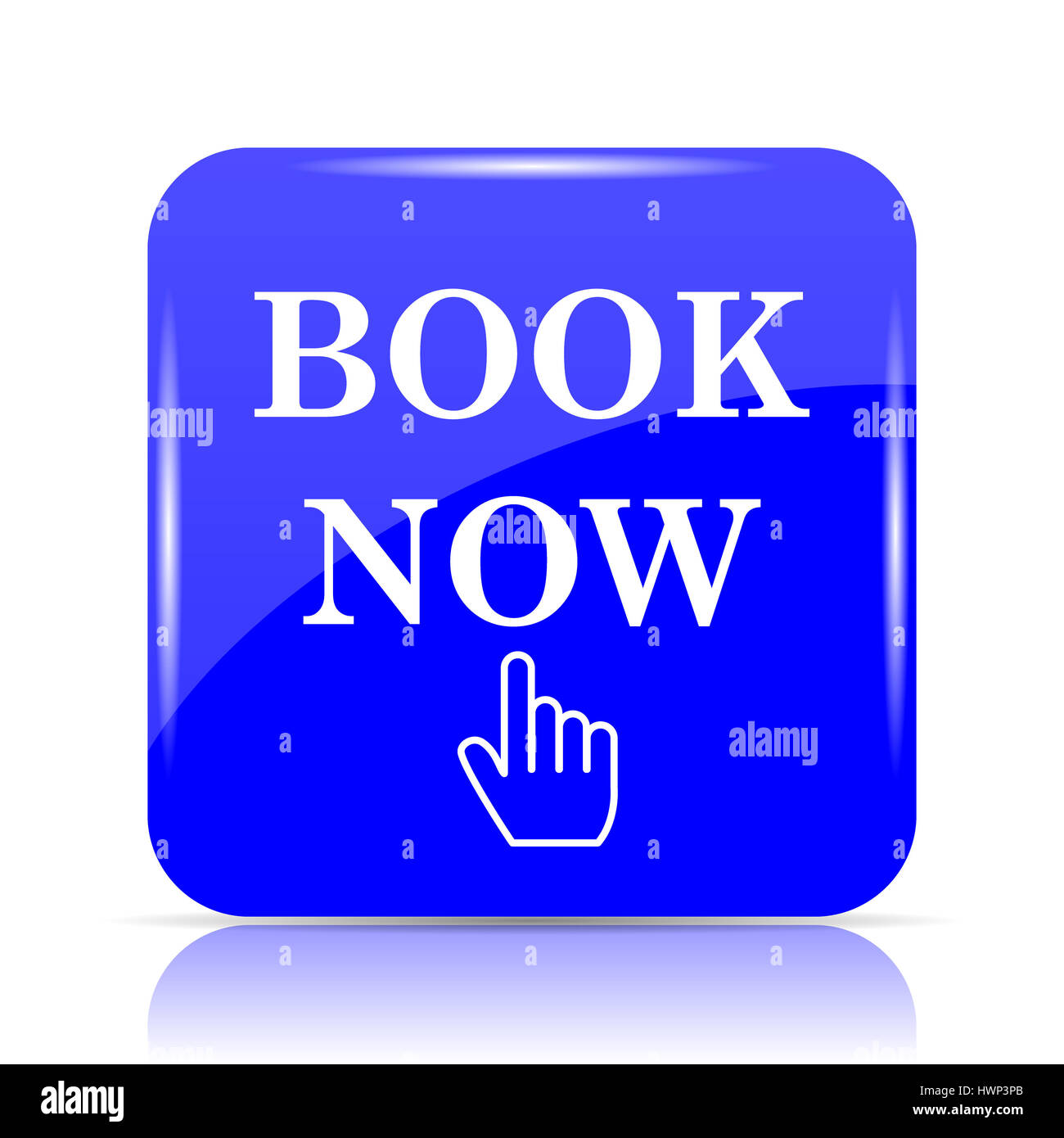 Book now icon, blue website button on white background Stock Photo - Alamy