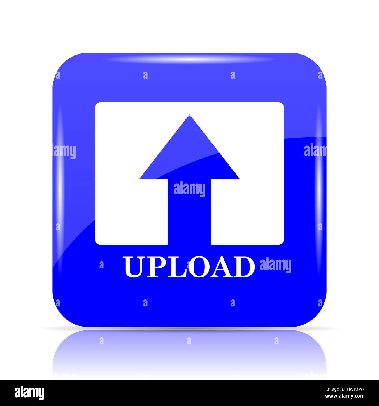 Upload icon, blue website button on white background Stock Photo - Alamy