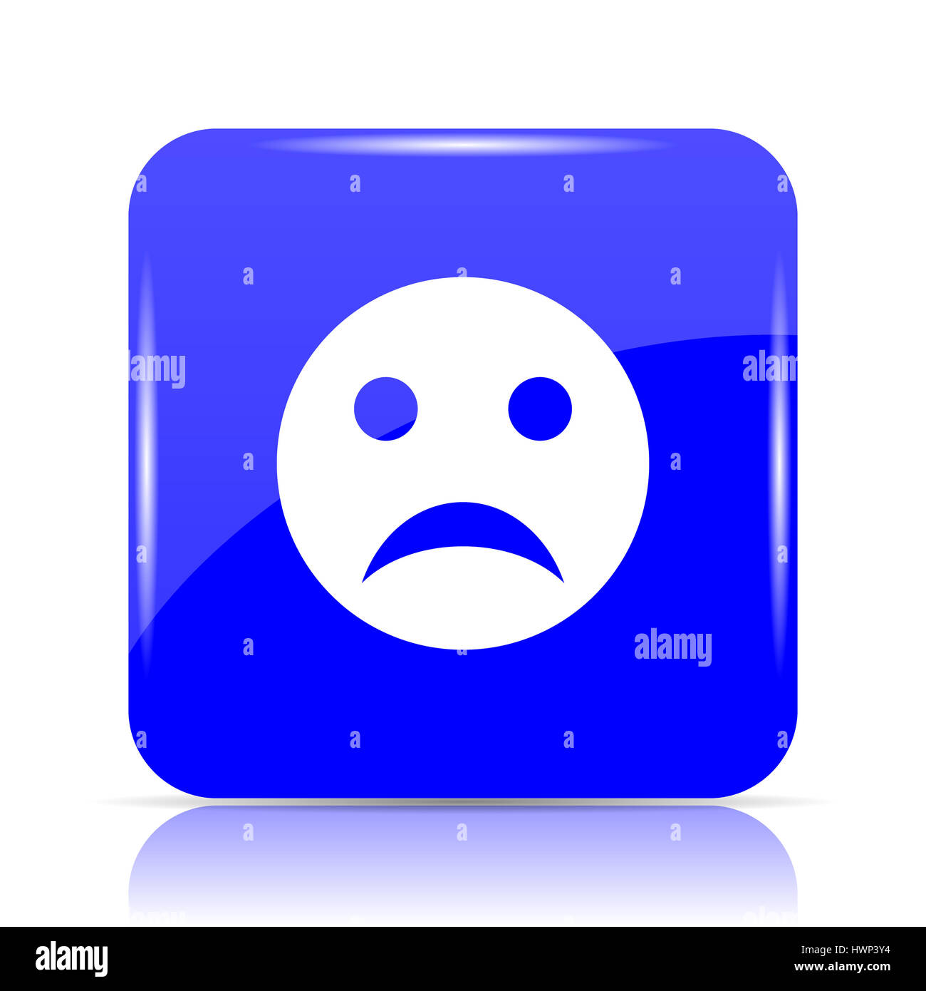 Sad smiley icon, blue website button on white background Stock Photo ...