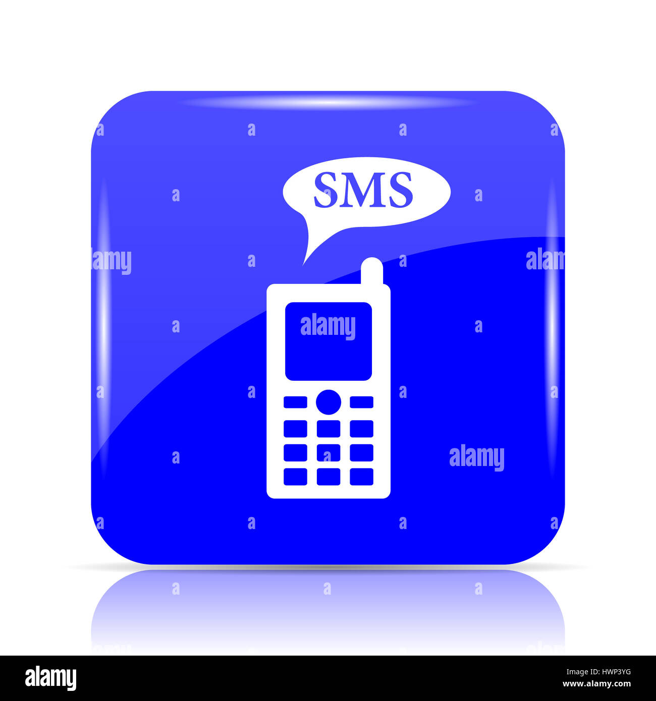 SMS icon, blue website button on white background Stock Photo - Alamy