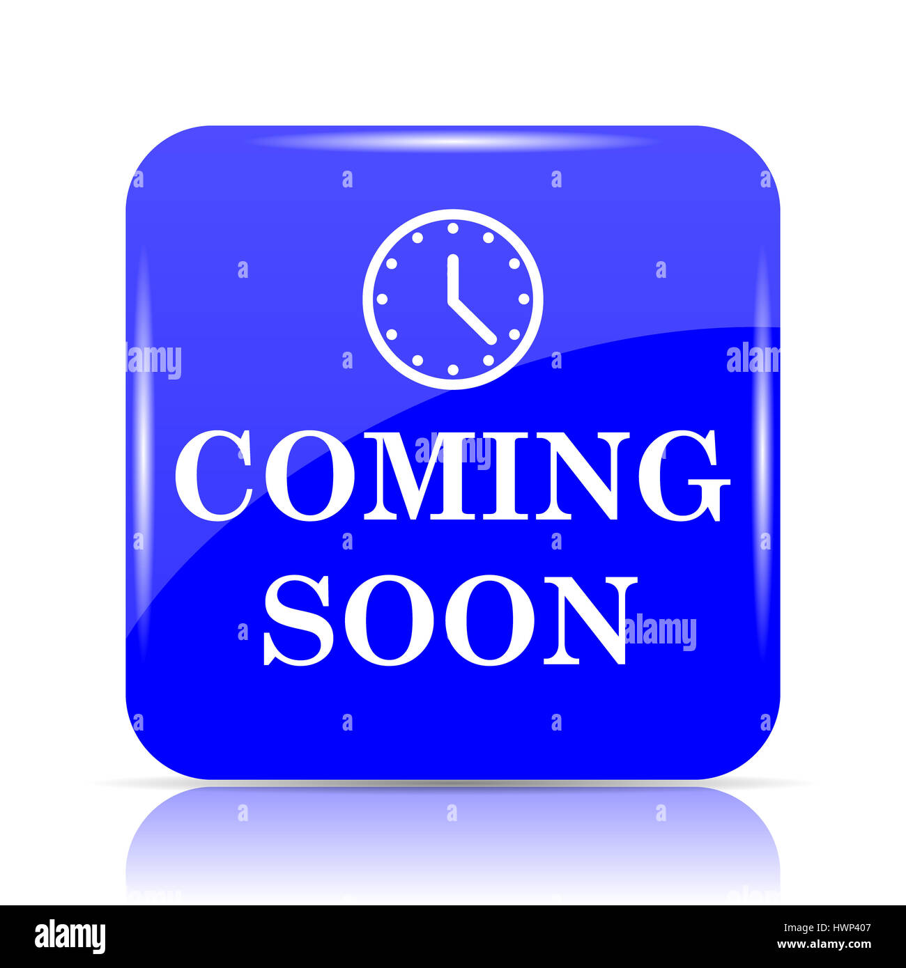 Coming soon icon, blue website button on white background Stock Photo ...