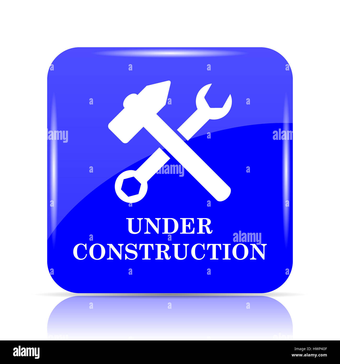 Under construction icon, blue website button on white background Stock ...