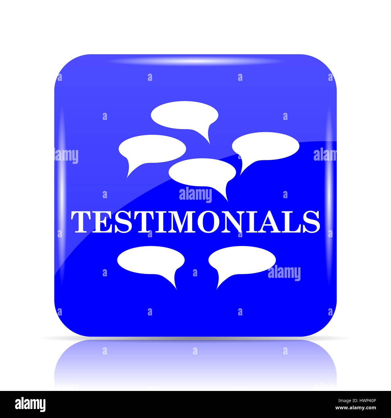 Testimonials icon, blue website button on white background Stock Photo ...