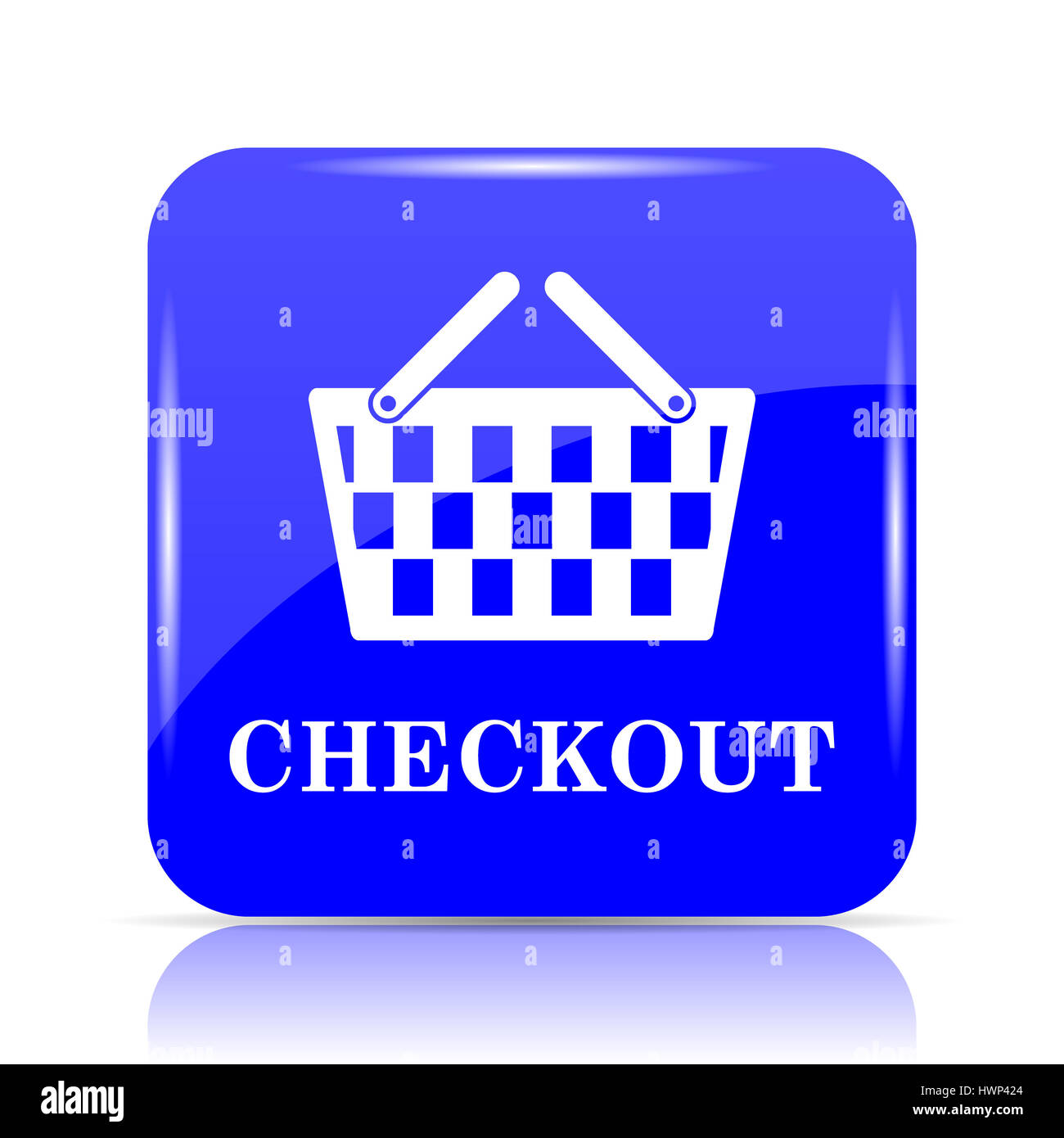 Checkout icon, blue website button on white background Stock Photo - Alamy