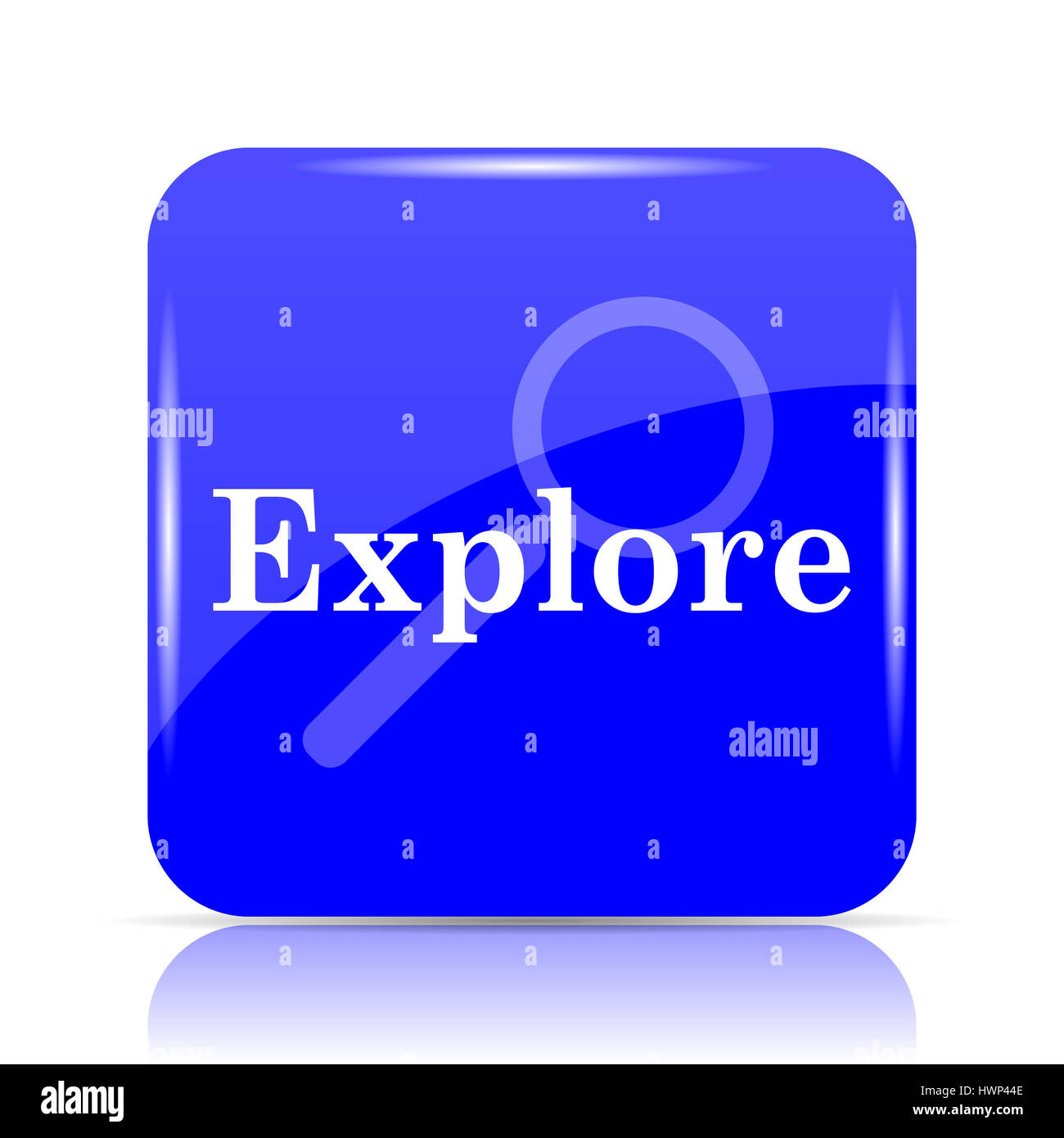 Explore icon, blue website button on white background Stock Photo - Alamy