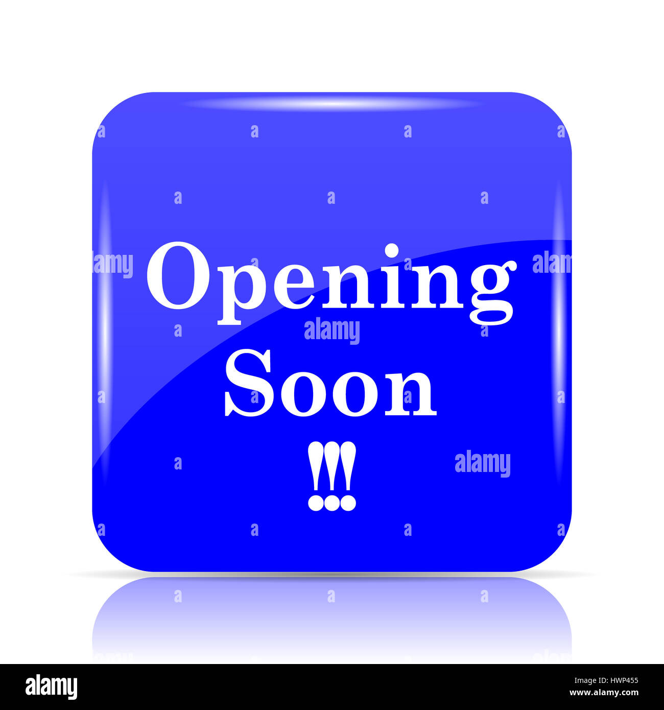Opening soon icon, blue website button on white background Stock Photo ...