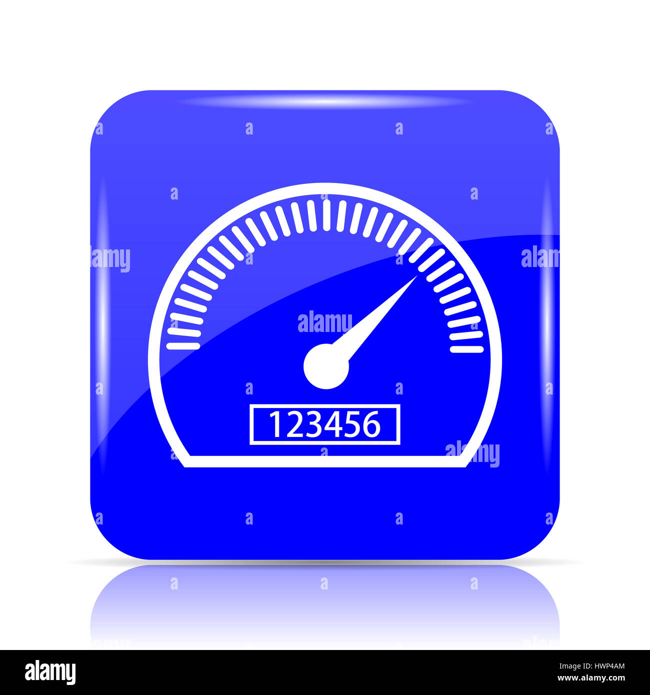 Speedometer icon, blue website button on white background Stock Photo ...
