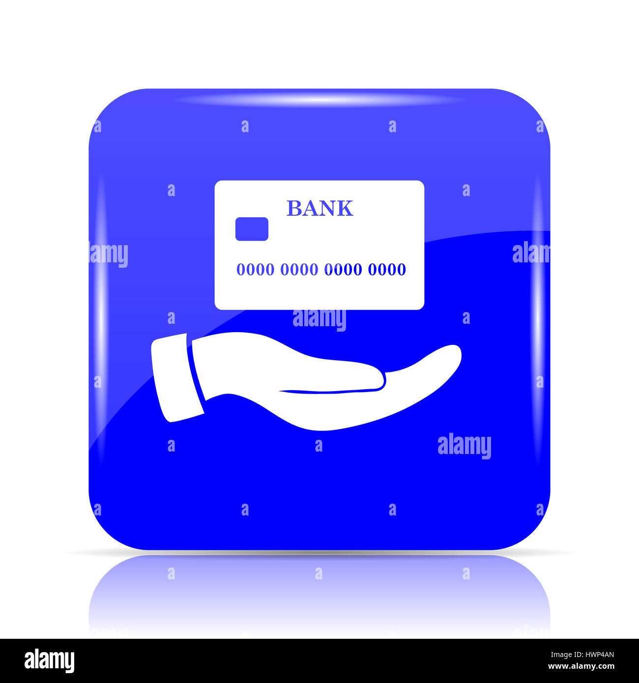 Hand holding credit card icon, blue website button on white background ...