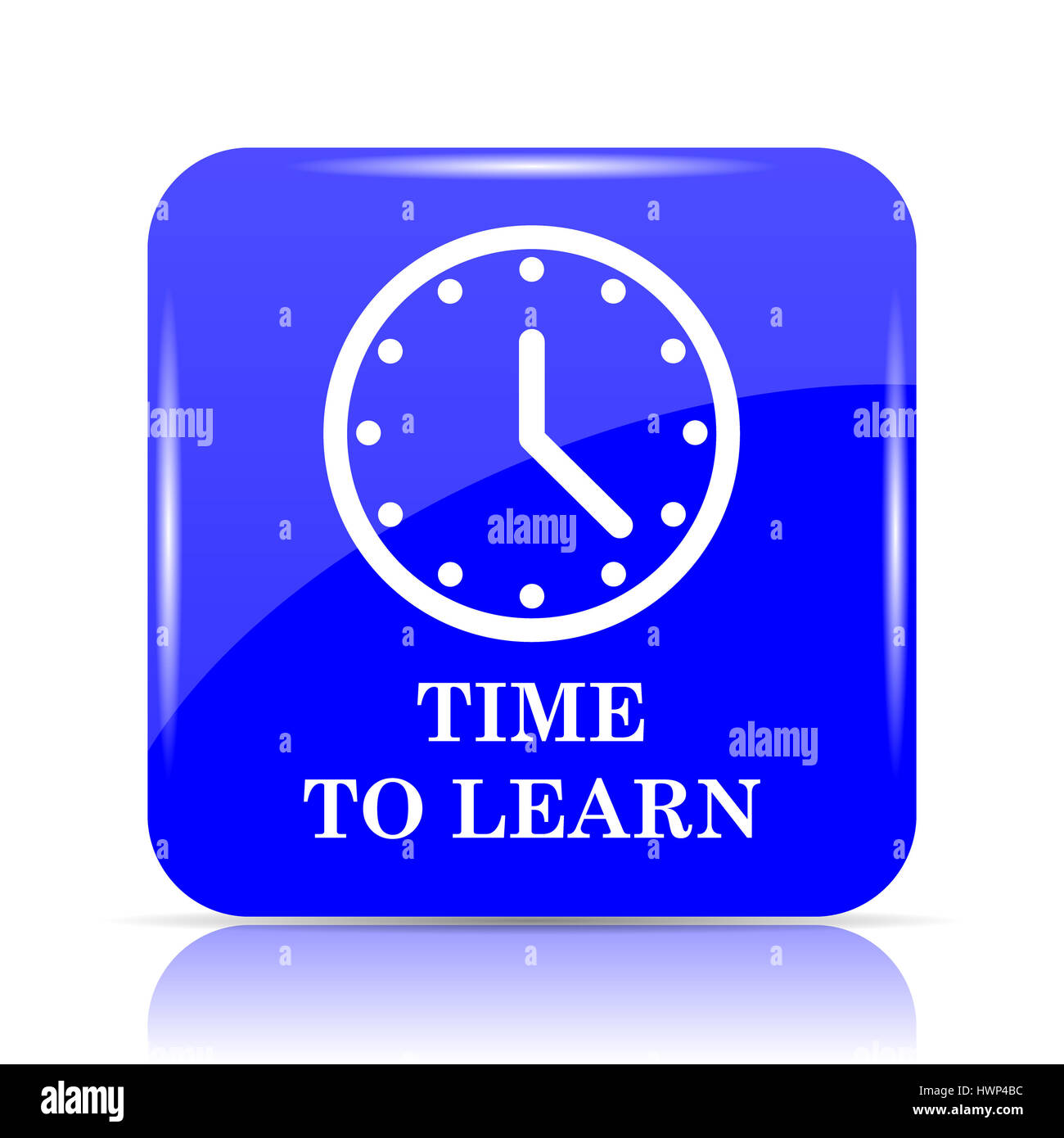 Time to learn icon, blue website button on white background Stock Photo ...