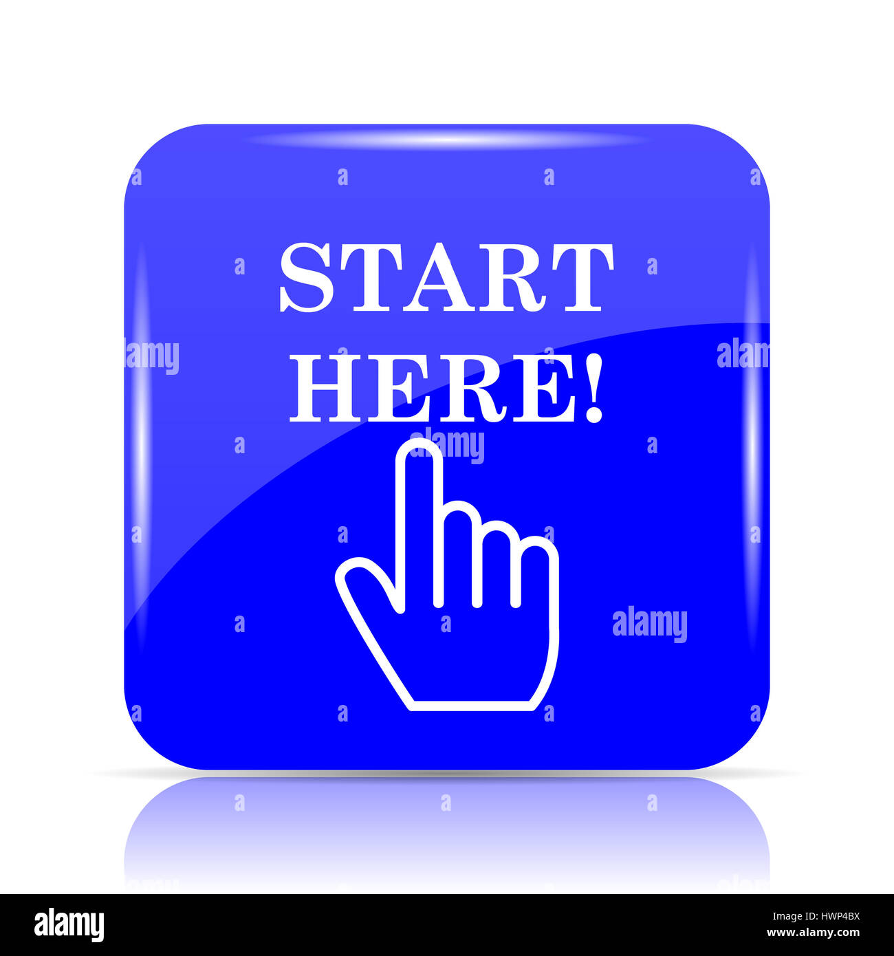 Start here icon, blue website button on white background Stock Photo ...