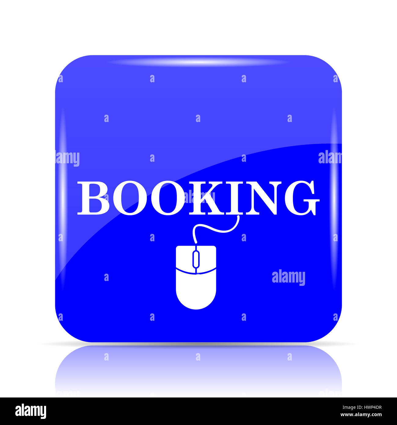 Booking icon, blue website button on white background Stock Photo - Alamy