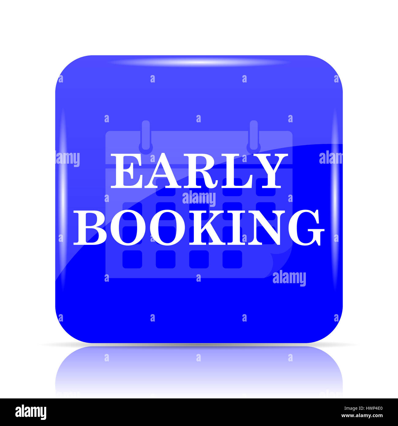 Early booking icon, blue website button on white background Stock Photo ...
