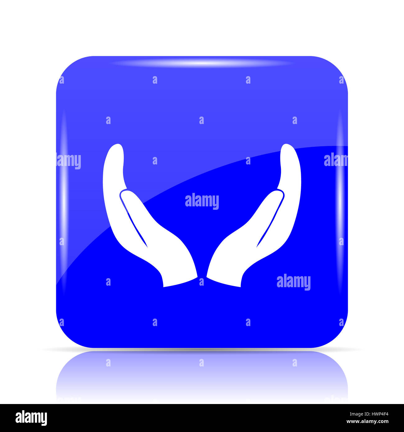 Protecting hands icon, blue website button on white background Stock ...