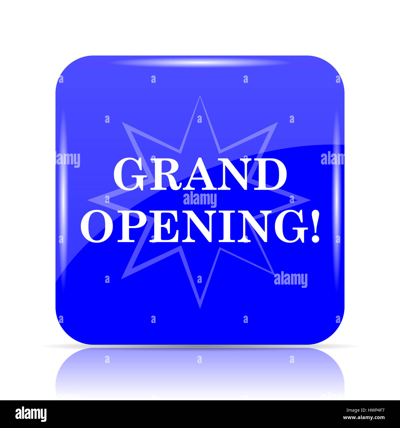 Grand opening icon, blue website button on white background Stock Photo ...