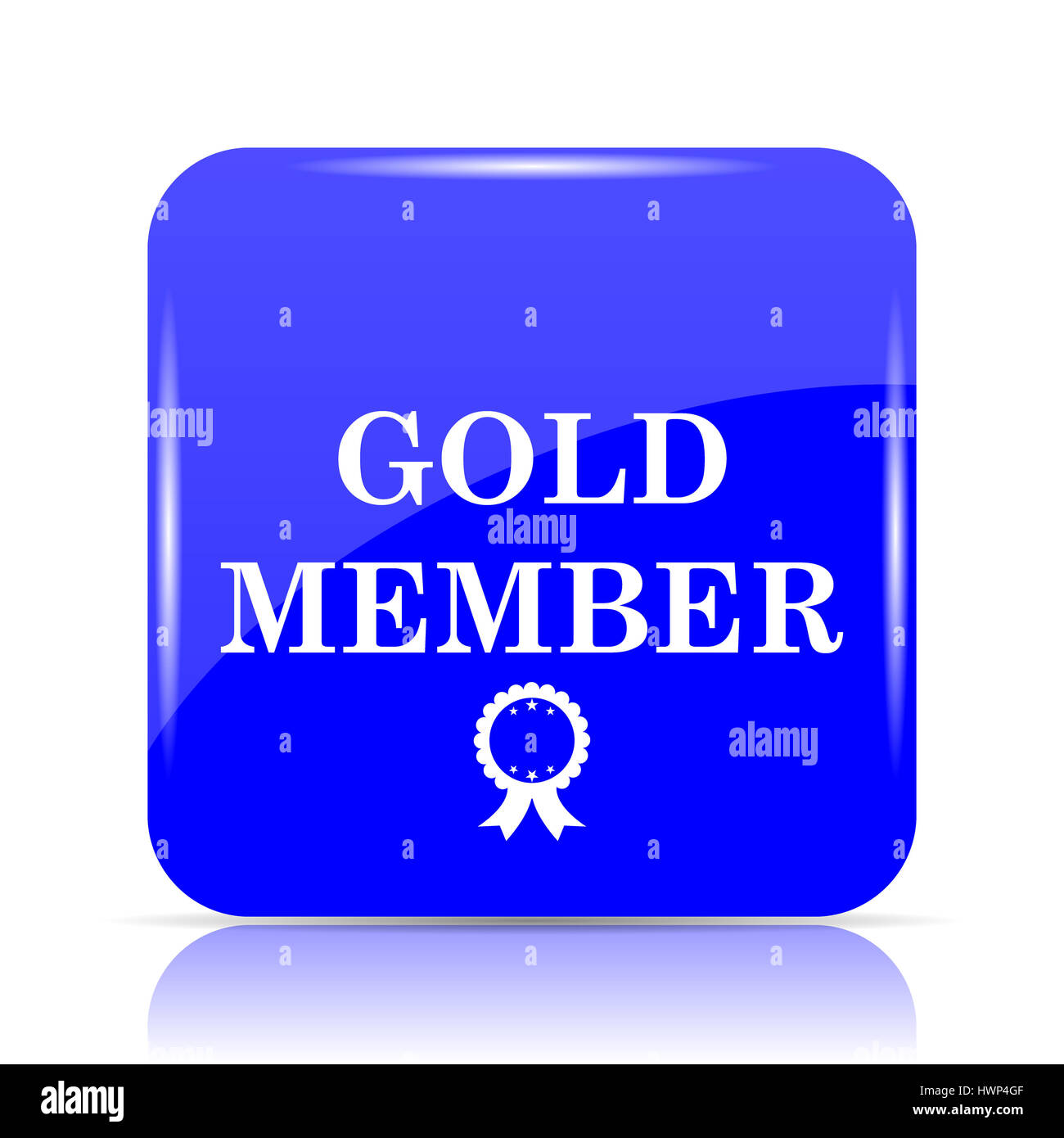 Gold member icon, blue website button on white background Stock Photo ...