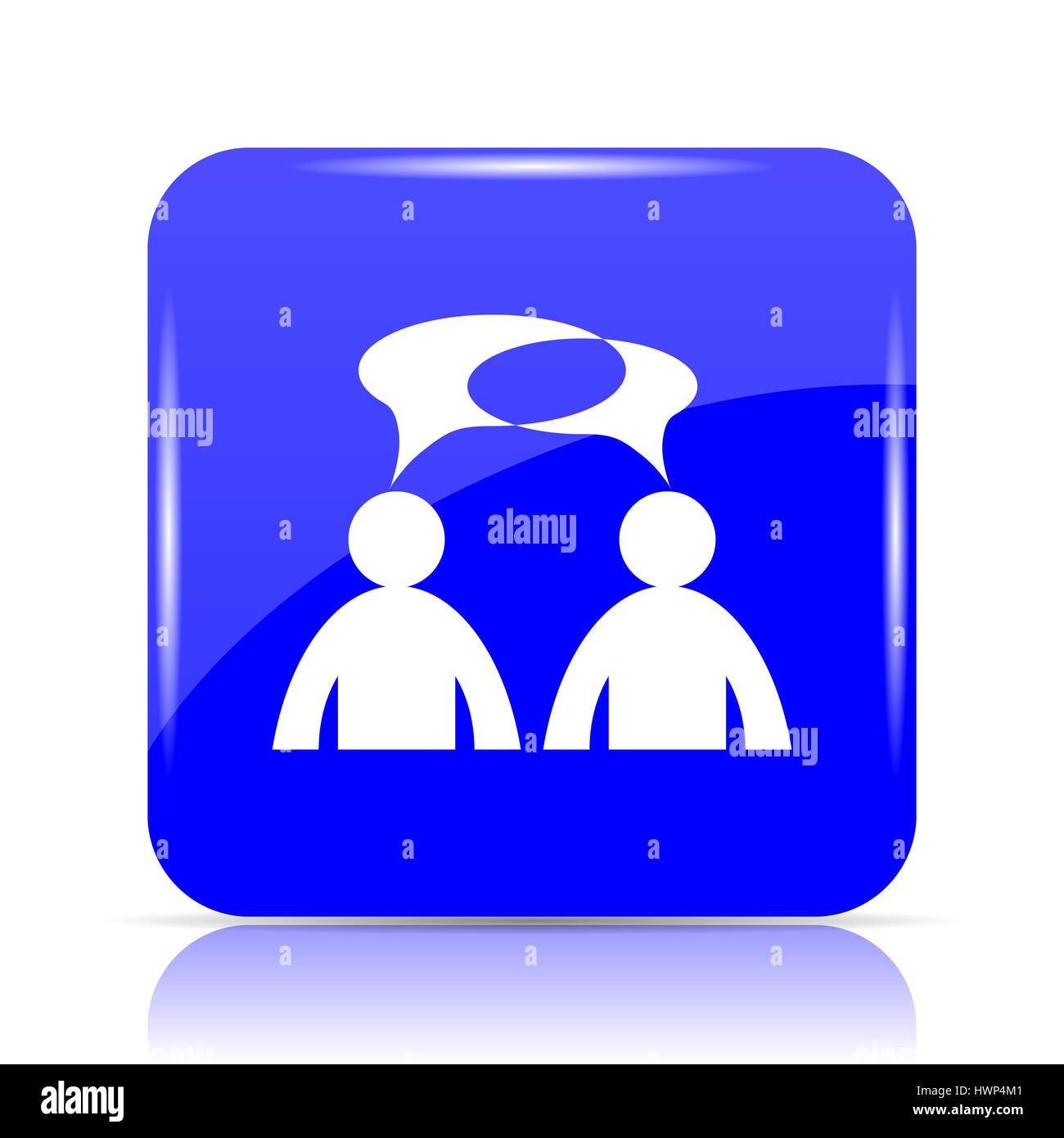 Comments icon, blue website button on white background. - men with ...
