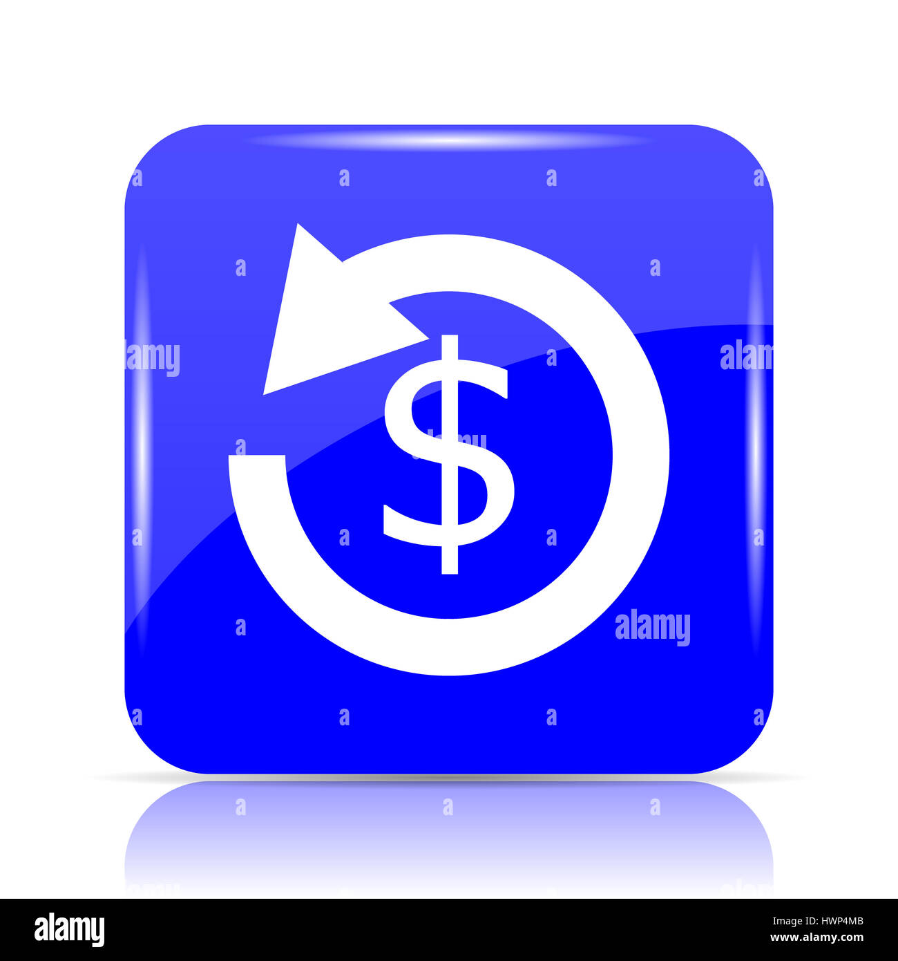 Refund icon, blue website button on white background Stock Photo - Alamy