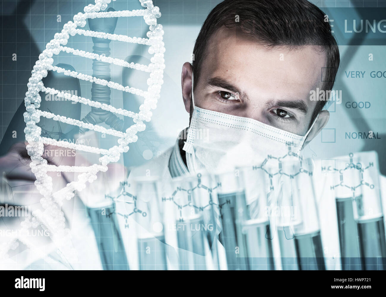 Young scientist mixing reagents in glass flask in clinical laboratory ...