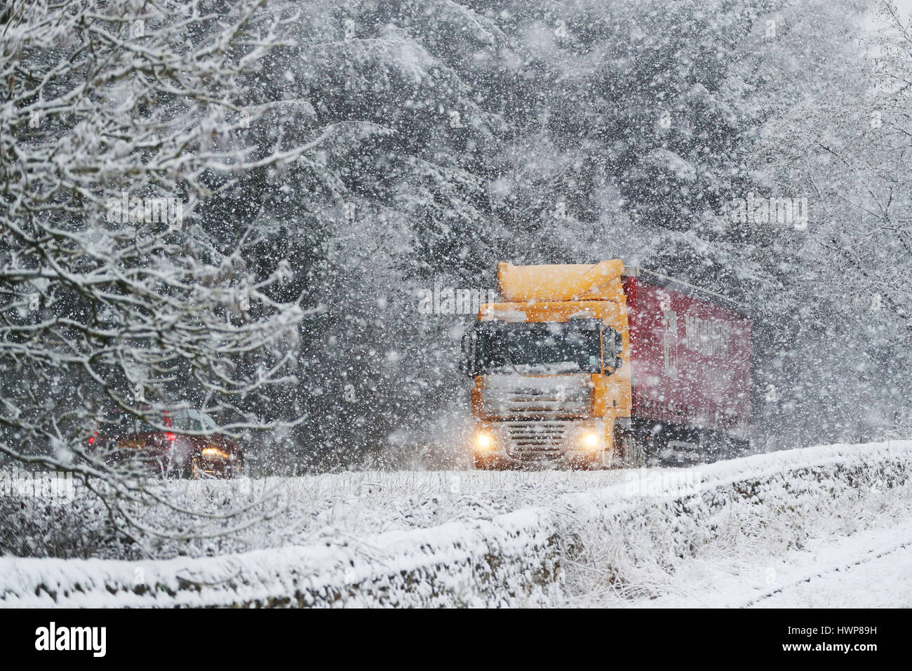 A lorry drives through the snow on the A69 near Hexham in ...
