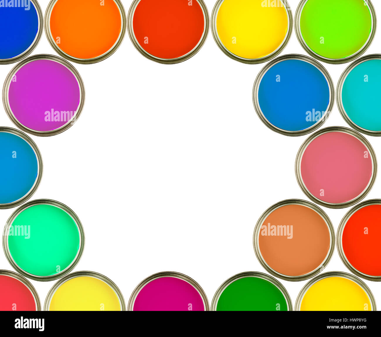 colourful cans of paint arranged in frame pattern on white background ...